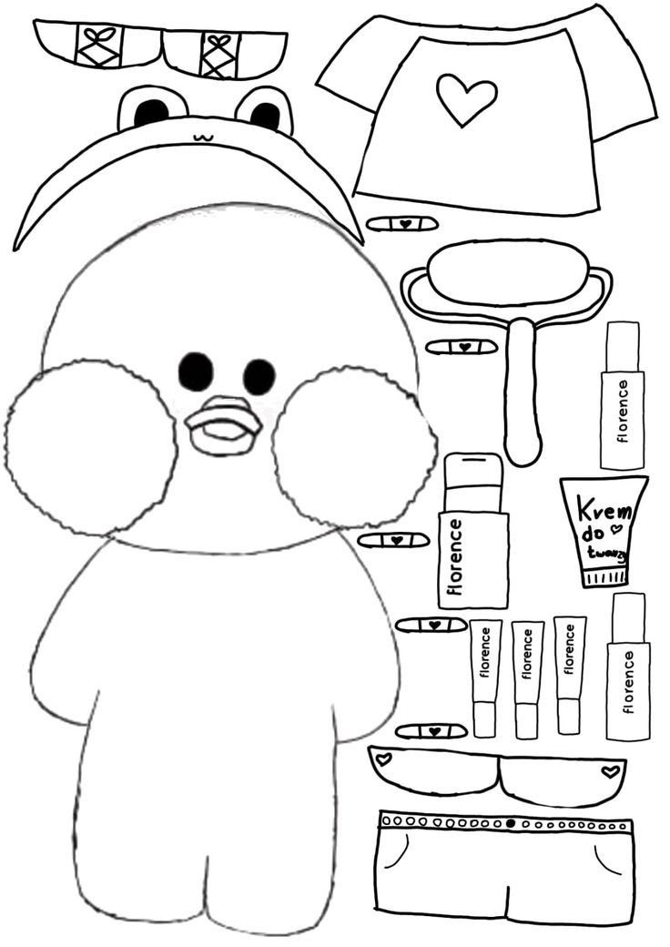 Paper Duck with clothes and accessories Coloring Page.